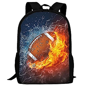 ALIFAFA American Football School Backpack for Boys/Girls 17 Inch Black Boy Backpack,Cool Design Rugby Ball In Fire and Water Casual Daypack Sports Backpack Bookbags for Man Woman Teens Boys Girls