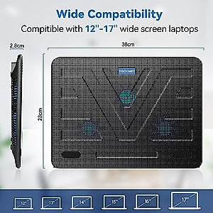 TECKNET Laptop Cooling Pad, Portable Slim Quiet USB Powered Laptop Notebook Cooler Cooling Pad Stand Chill Mat with 3 Blue LED Fans, Fits 12-17 Inches (Black)