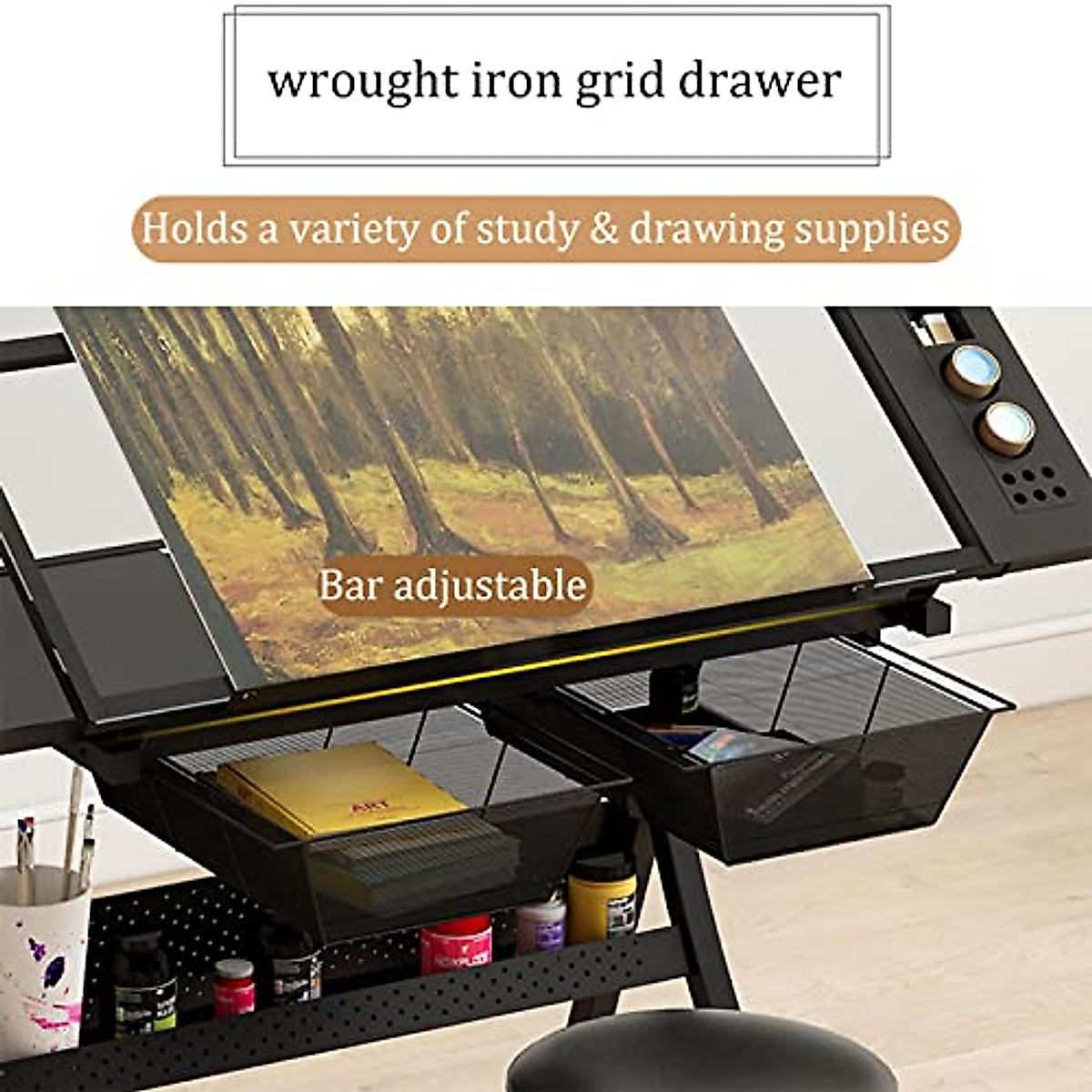 VejiA Glass Drafting Table, Height Adjustable Drawing Desk with Stool, Tiltable Desk Art Table 0°-50°, Tempered Glass Top Painting Desk, Art Craft Work Station, with