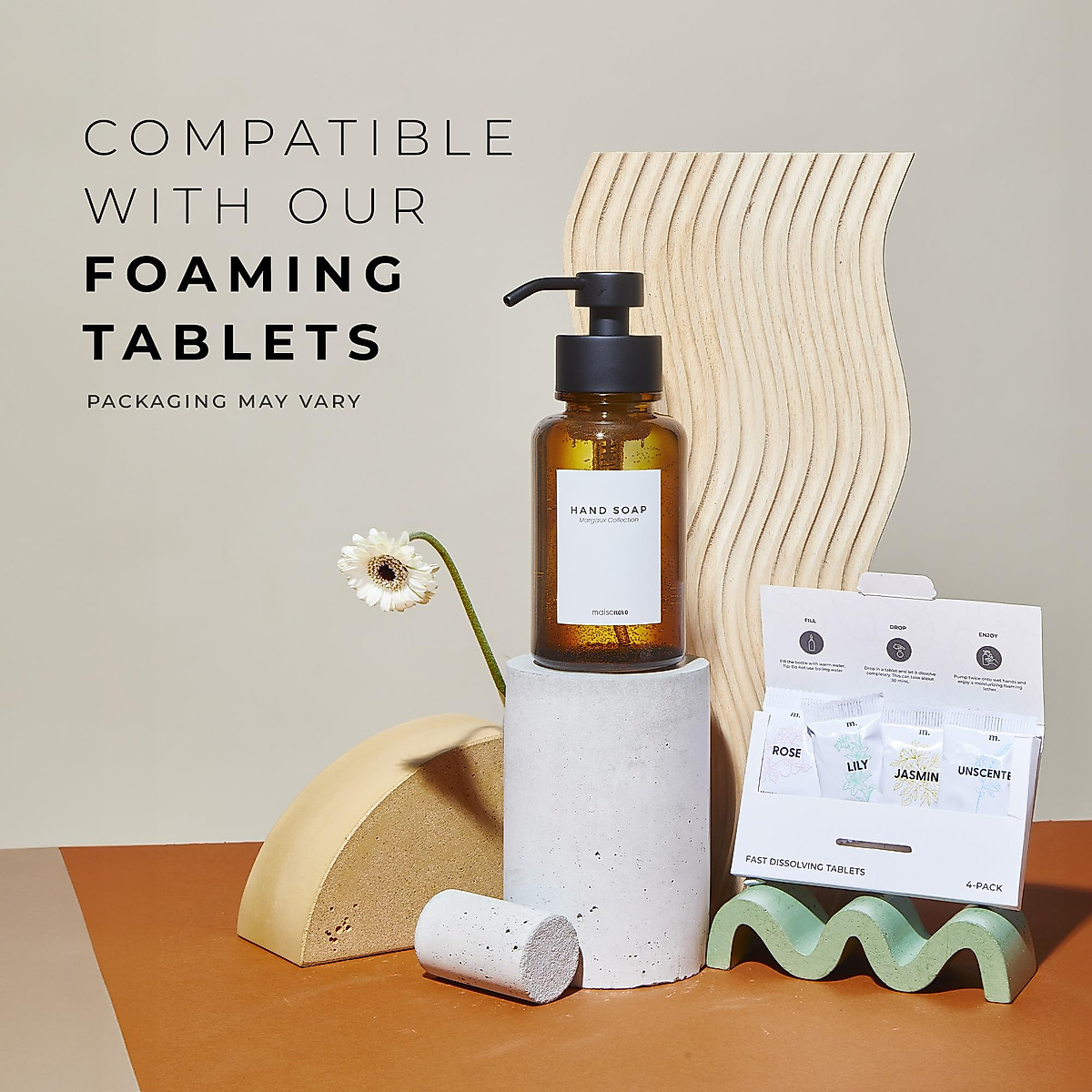 MaisoNovo Glass Foaming Hand Soap Dispenser 14 Oz | Amber Foaming Soap Dispenser Black Pump x 1 w/Labels