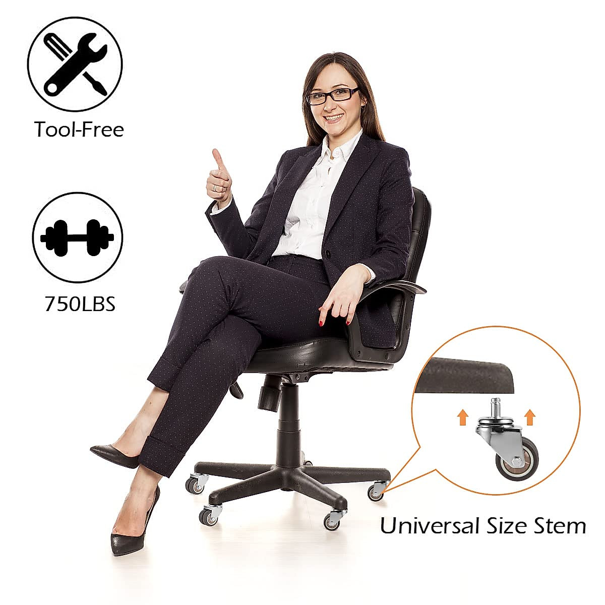 W B D WEIBIDA Office Chair Wheels Replacement, 2 Inch Dual Rubber Chair Caster Wheels, Smooth & Quite Casters for Hardwood Floor and Carpet, Universal Size Stem, Heavy Duty Load Up to 750 lbs,Set of 5