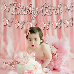 Butterfly Baby Shower Decorations for Girl Butterfly Baby Shower Banner Butterfly Glitter Garland Rose Gold Butterfly Garden Baby Shower Decorations for Girl Spring Theme Party, Home Room Decor