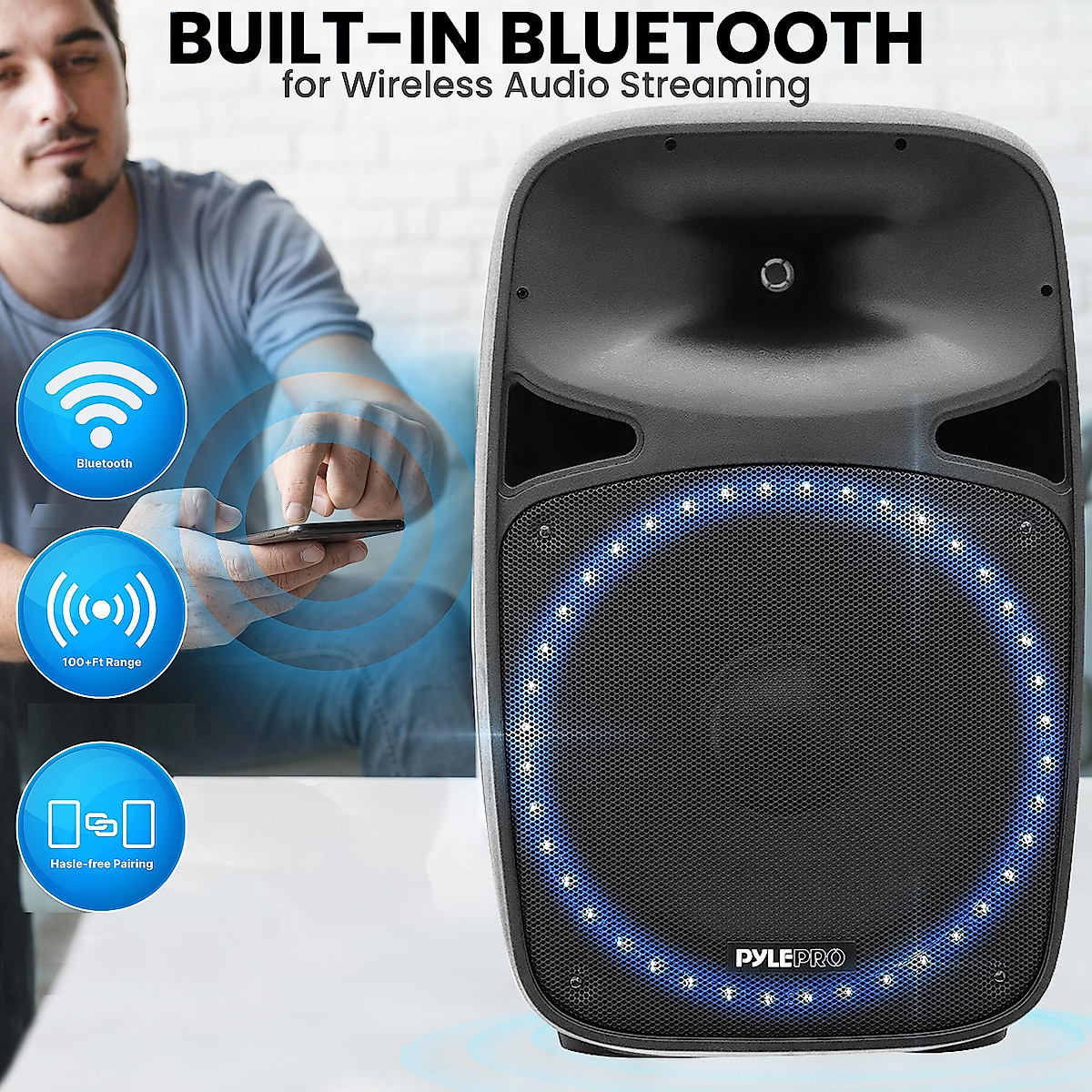 Pyle Powerful Wireless Sound 400W Portable Bluetooth PA Speaker - 12" Indoor/Outdoor Audio System w/Party Lights, Digital Display, FM/AUX/MP3/USB/SD, Handle, Wheels, Microphone, Remote