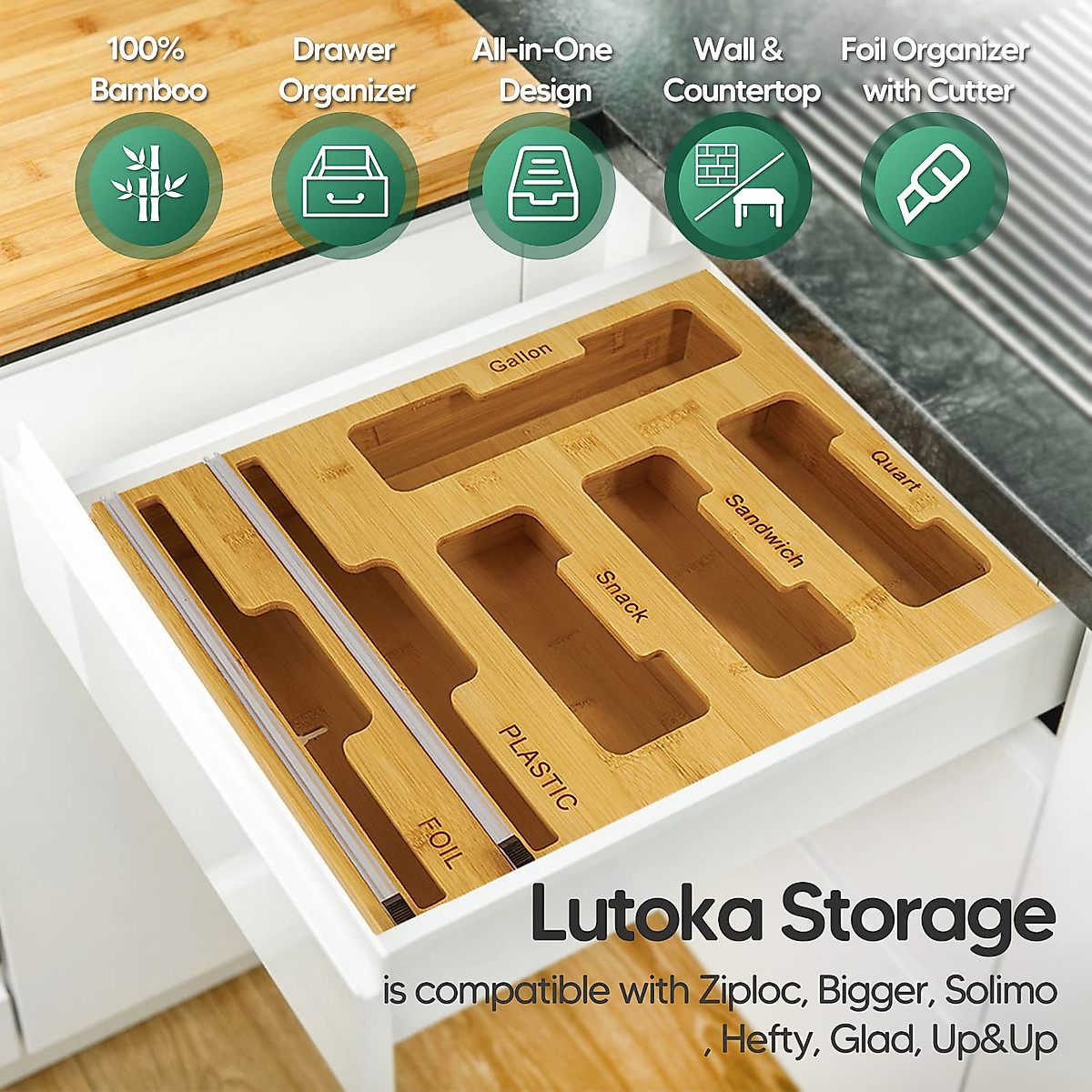 Ziplock Bag Organizer & Foil and Plastic Wrap Organizer with Cutter, 6 IN 1 Plastic Wrap Dispenser & Plastic Bag Organizer, Kitchen Bag Storage for Gallon, Quart, Sandwich, Snack, Bamboo