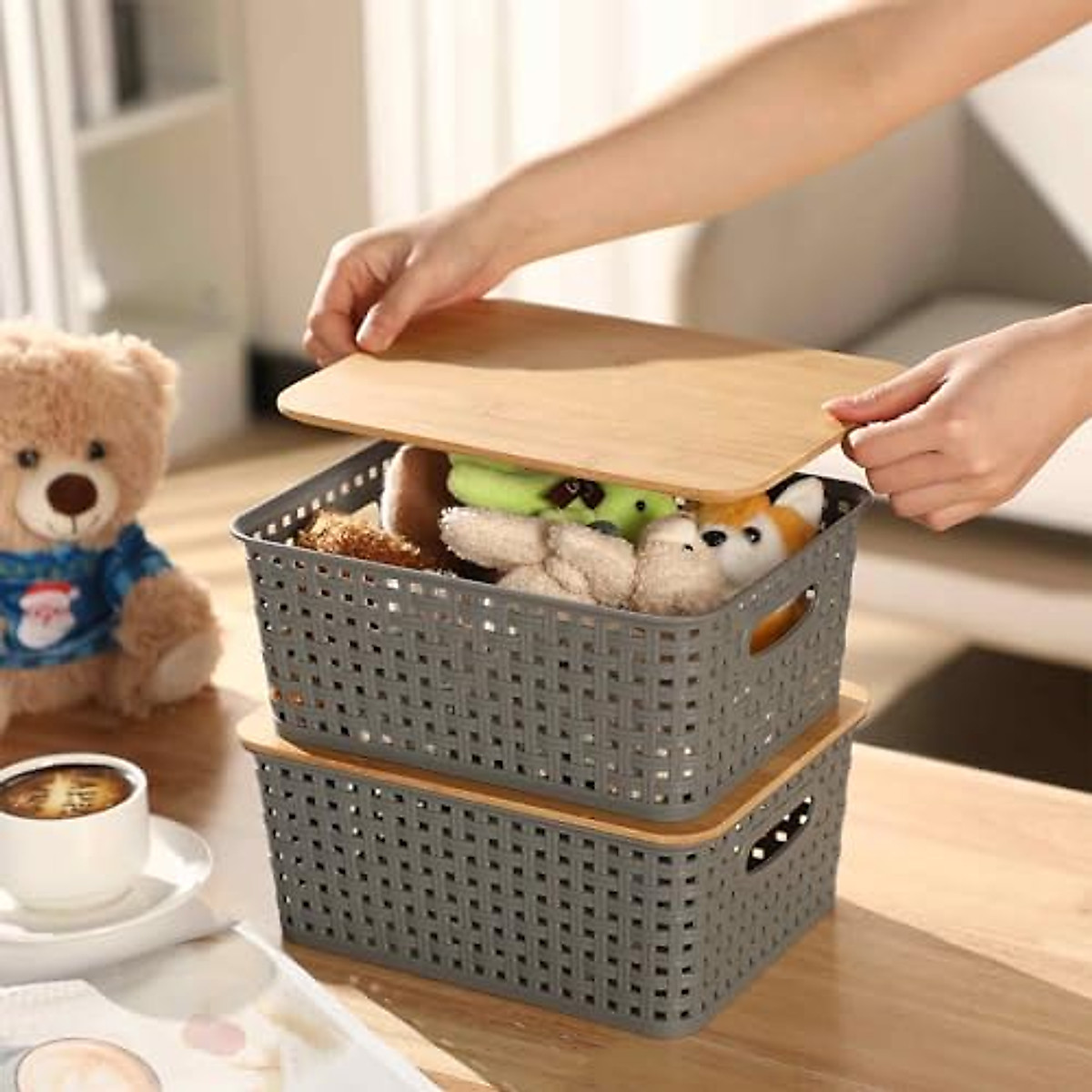 Barydat 4 Pack Plastic Storage Baskets with Bamboo Lid Pantry Organization Storage Containers Lidded Bins Container for Shelves Drawers Desktop Closet Playroom Classroom Office(Gray)