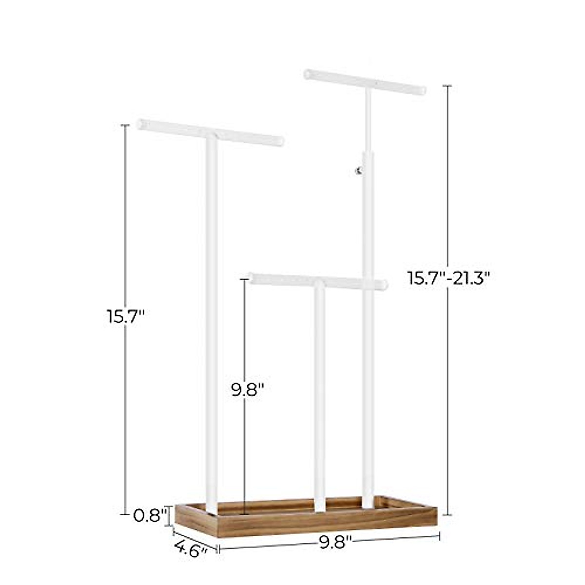 SONGMICS 2-in-1 Jewelry Display Stand Holder, Jewelry Rack Tree with 3 T-Shape Metal Bars with Holes, Storage Tray, Adjustable, Long Necklace Bracelet Earring Ring, Rustic Brown and White UJJS016W01