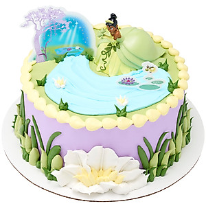 DecoSet® Disney Princess Tiana Cake Topper, 3-Piece Cake Decoration With Tiana And Frog Figurine, Water Lily Pic, And Background Scenery Pic