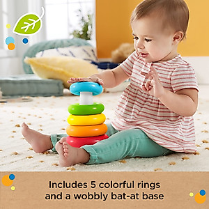 Fisher-Price Baby Stacking Toy Rock-A-Stack Rings with Roly-Poly Base for Ages 6+ Months, Made with Plant-Based Materials