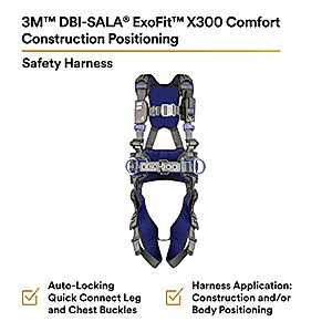 3M 1113133 DBI-SALA ExoFit X300 Comfort Construction Positioning Safety Harness, Construction Fall Protection, Aluminum Back and Hip D-Rings, Auto-Locking Quick Connect Leg and Chest Buckles, 2X