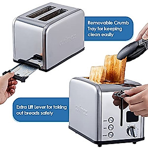 Toaster 2 Slice, CUSIMAX Stainless Steel Toaster with Large LED Display, Bread Toaster 1.5'' Extra-wide Slots with 6 Browning Settings, Cancel/Bagel/Defrost Function, Removable Crumb Tray, Silver