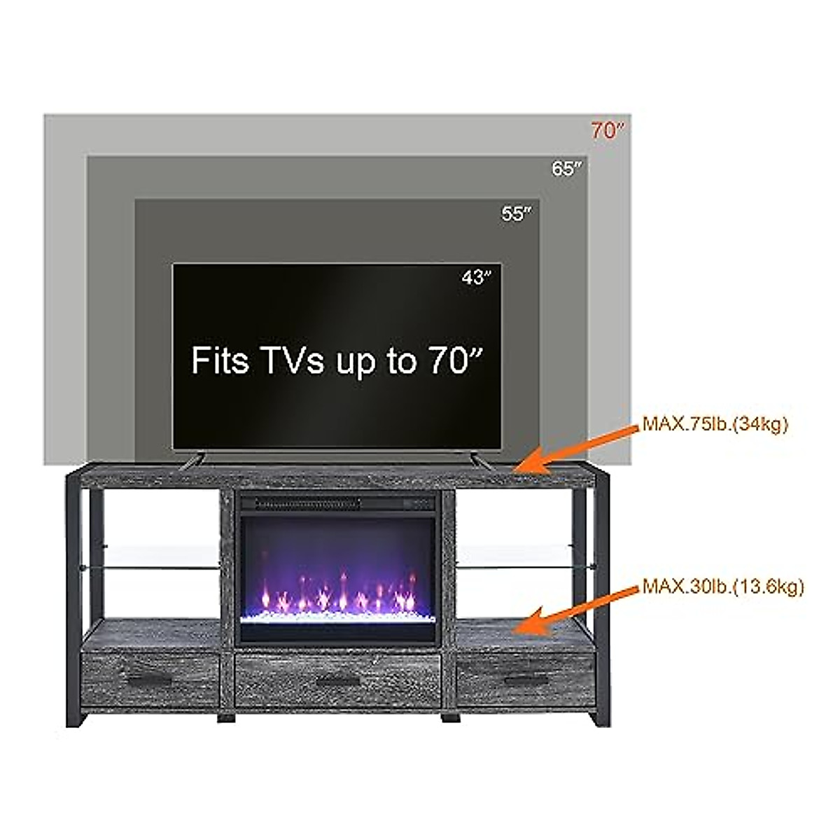 TopCity 60" Fireplace TV Stand for Up to 70" TV Farmhouse Entertainment Center with 24" Electric Fireplace Media Console Cabinet with LED Light for Living Room (Gray)