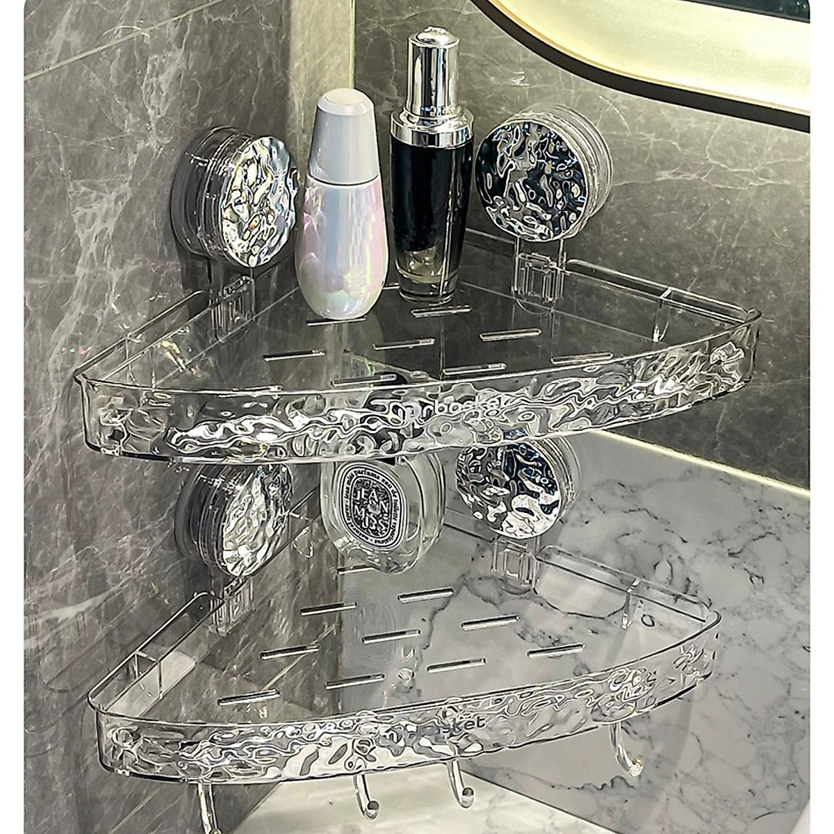 Quincry Light Luxury Style Glacier Pattern Suction Cup Shelf with Hook, Punch-Free Shower Storage Rack for Bathroom, No Drill Corner Wall Caddy for Kitchen (Clear(Triangle + Rectangle))