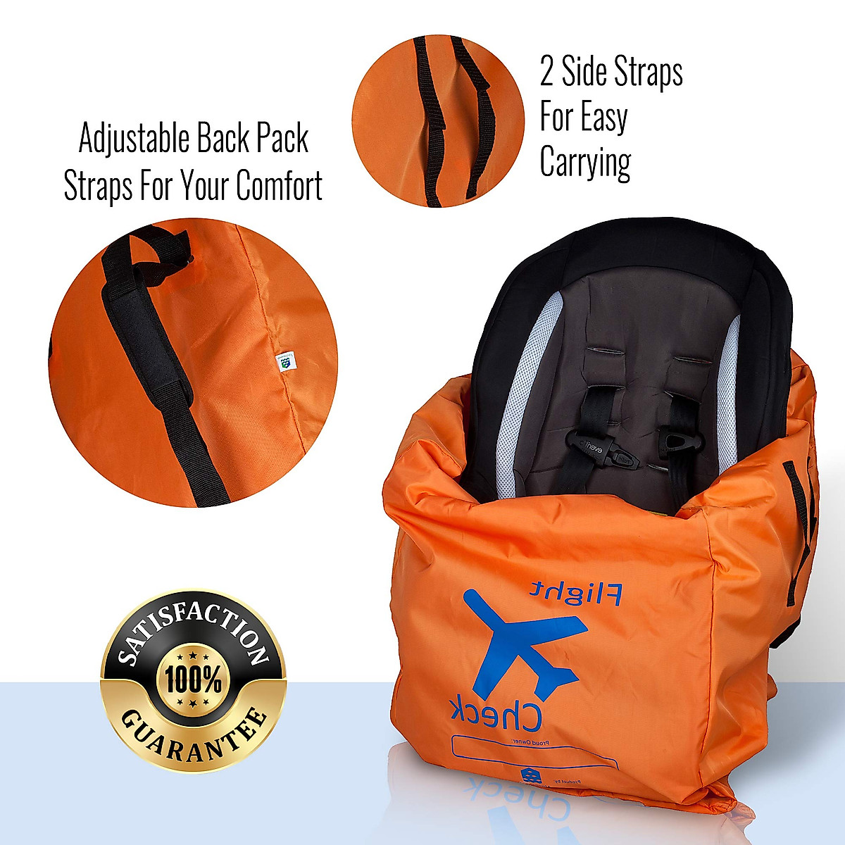 Car Seat Travel Bag and Carrier for Gate Check with Travel Pouch - Bright Orange with Blue Letters for Airport, Airplane Gate Check, Car Trips and Storage Double Backpack Straps | Carseat Bag for sto