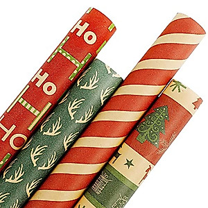 Lulu Home Christmas Wrapping Paper Set, 10ft x 30inch - 4 Rolls (100 sq. ft. ttl.) Kraft Brown Wrapping Paper, Assorted Rustic Thick Gift Jumbo Wrapping Paper for Xmas Holiday Present Packaging