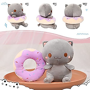 AIXINI 10inch Cute Cat Plush with Donut Stuffed Squishy Animal, Super Soft Kawaii Kitten Plushies for Kids (Grey,A)
