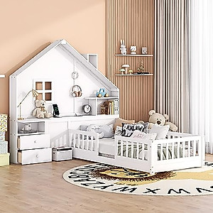 RORIGAT Wooden Twin Size House Bed with Window and Bedside Drawers, Platform Bed Frame with Shelves and a Set of Sockets and USB Port for Kids/Bedroom,White