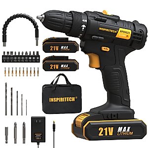 INSPIRITECH 21V Cordless Drill with 2 Batteries and Charger,3/8-Inch Keyless Chuck Power Drill Set,2 Variable Speed Electric Drill Driver, 19 Torque Setting with Drill/Driver Bits