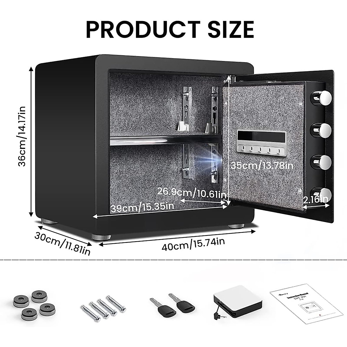 Kavey 1.6 Cub Safe Box, Home Safe with Digital Touch Screen Keypad and Sensitive Alarm System, Money Safe With Removable Shelf and LED Light, Small Safe for Money Jewelrys Documents Valuables