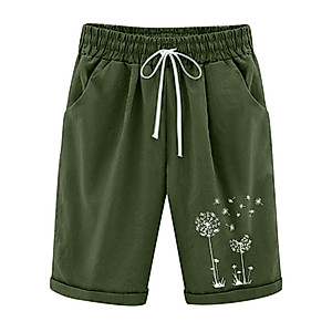 Flowy Shorts for Women Summer Bermuda Shorts for Women High Waisted Cotton Linen Elastic Drawstring Summer Shorts Casual Loose Fit Dandelion Print Army Green 2X