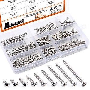 Rustark 210-Pcs [# 6 5/16'' to 1-1/2''] 304 Stainless Steel Round Pan Head Phillips Cross Wood Screws Drive Self Tapping Drilling Screws Assortment Kit