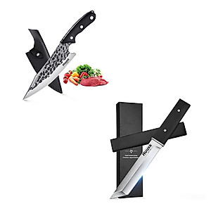 Huusk Chef Knives Bundle with Hand Forged Meat and Vegetable Knife, Outdoor Camping Cooking Knife with Leather Sheath and Gift Box