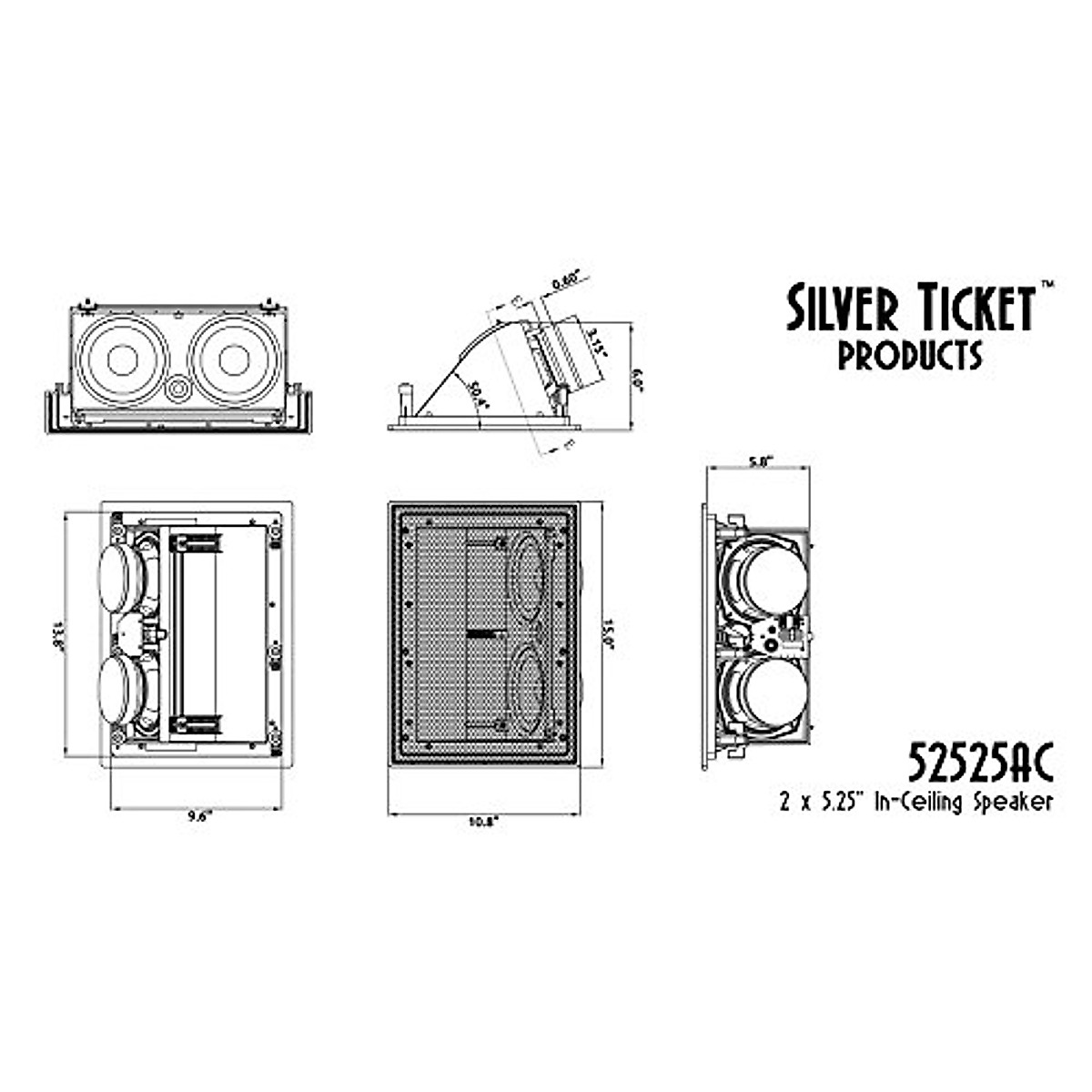 5252AC Silver Ticket in-Ceiling Speaker with Pivoting Full Speaker Adjustable Angle Woofers and Tweeter (Dual 5.25 Inch in-Ceiling Center Channel) Ceiling ONLY