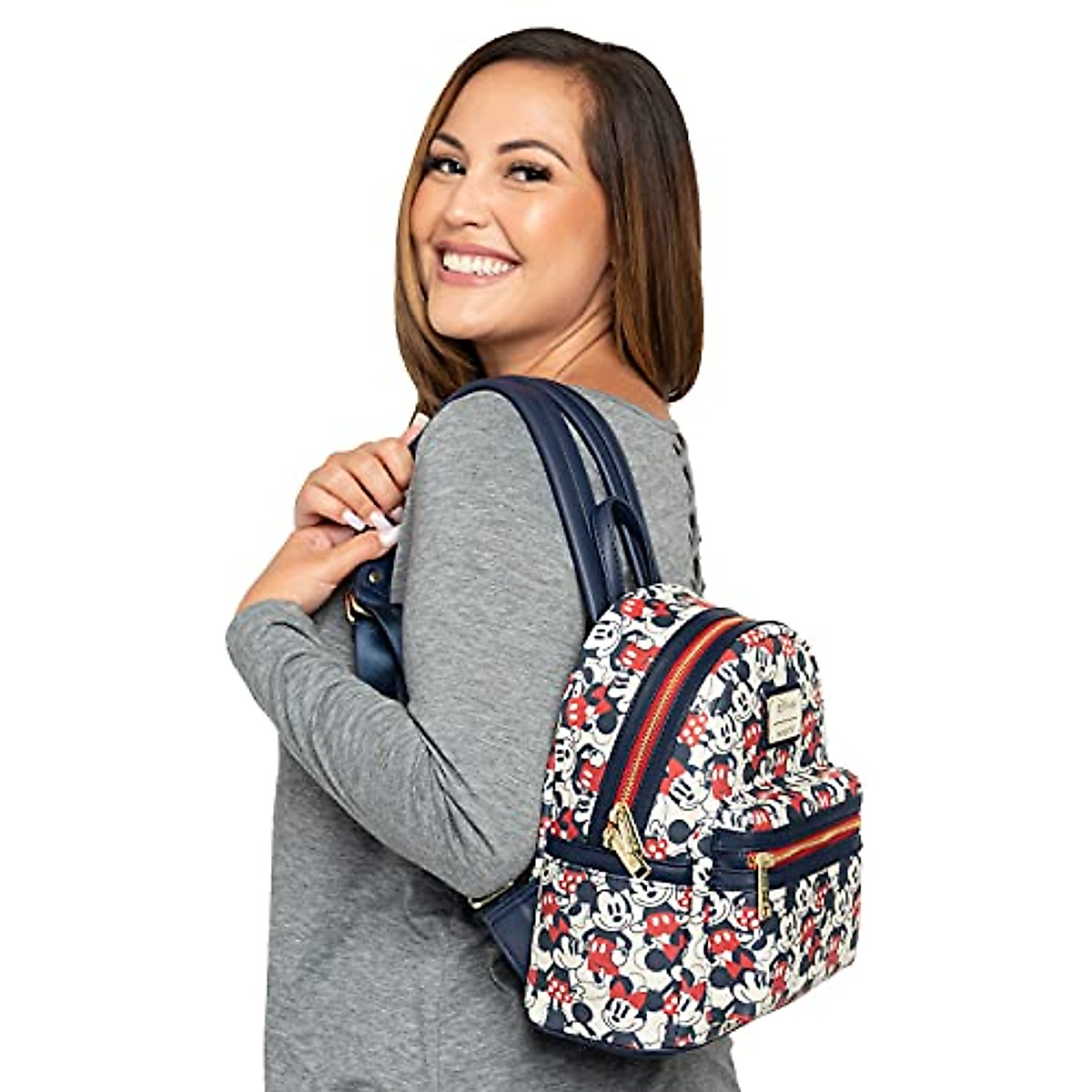 Loungefly Disney Mickey Minnie Mouse Mini Backpack Handbag AOP Red Navy