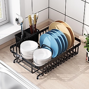 1Easylife Dish Drying Rack with Anti Rust Frame, Small Dish Drainer Rack for Kitchen Counter, Sink Dish Rack on Counter with Utensil Holder and Non-Slip Rubber Feet Rustproof for Organizer Storage