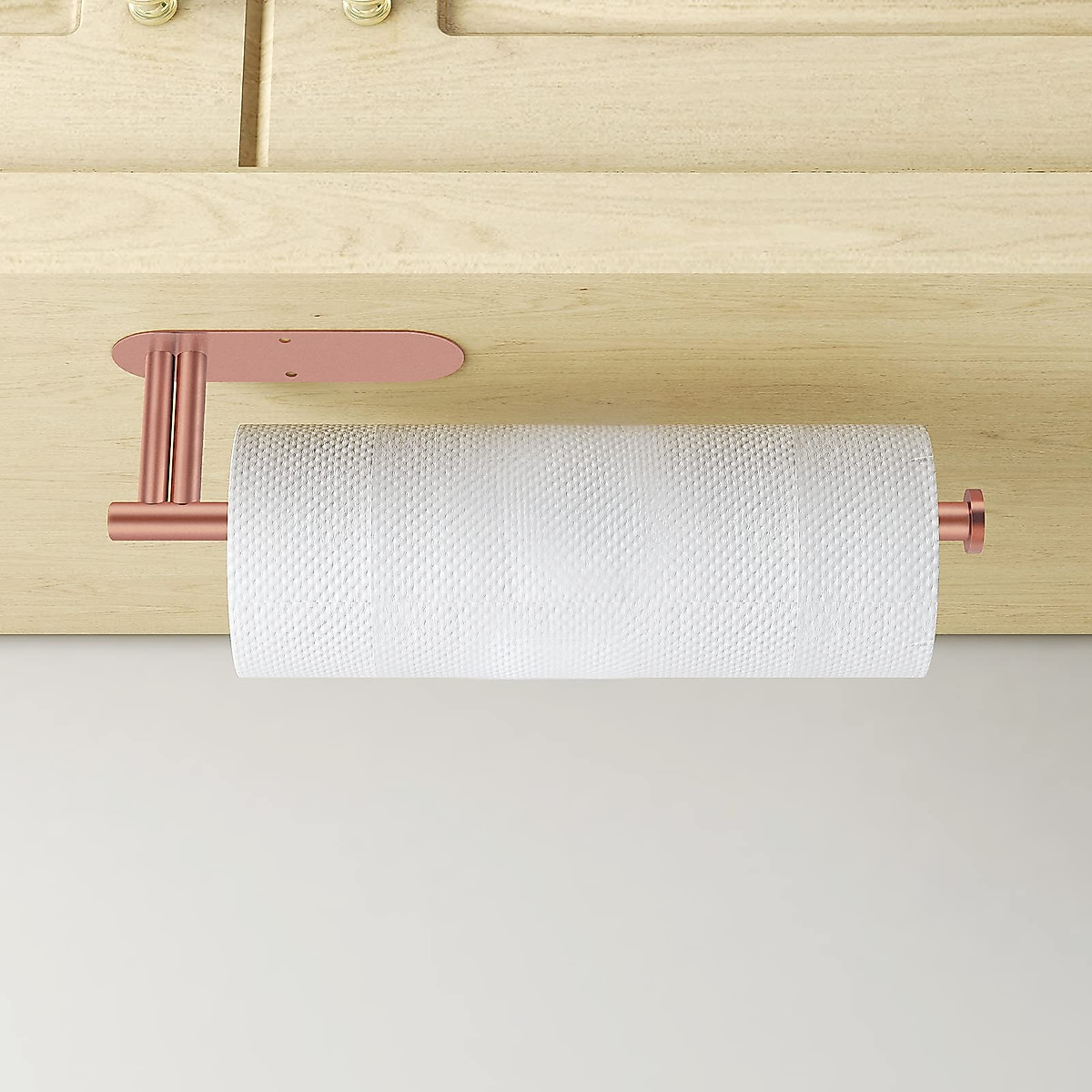 Paper Towel Holder Under Cabinet, New Upgrade Double Rod Bearing Self-Adhesive or Drilling Wall Mounted Paper Towels Rolls Holder for Kitchen,Rose Gold(2 Pieces