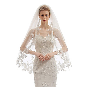 ELAWBTY Womens 2 Tier Fingertip Length Short Lace Wedding Bridal Veil With Comb X07 Ivory