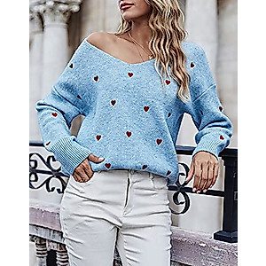 Alsol Lamesa V Neck Sweaters for Women Heart Long Sleeve Embroidery Pattern Pullover Sweaters