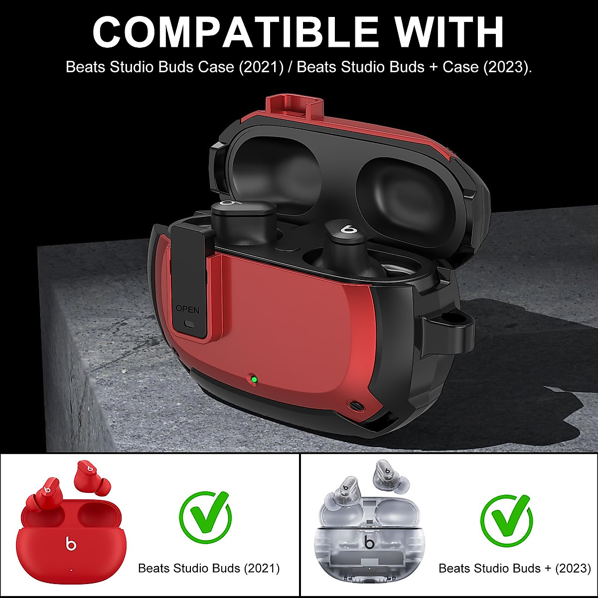 Case for Beats Studio Buds/Studio Buds Plus Case Cover 2021/2023, Secure Lock Hard Rugged Cool Protective Case Cover for New Beats Studio Buds+ Wireless Earbuds Case Accessories with Keychain, Red