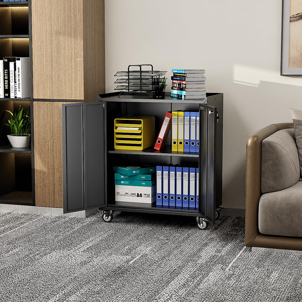 JAORD Metal Storage Cabinet on Wheels, Tool Cabinets for Garage, Garage Rolling Cabinet, Roling Garage Storage Cabinet, Lockable Storage Cabinet with Wheels for Home, Office, Assembly Required (Black)