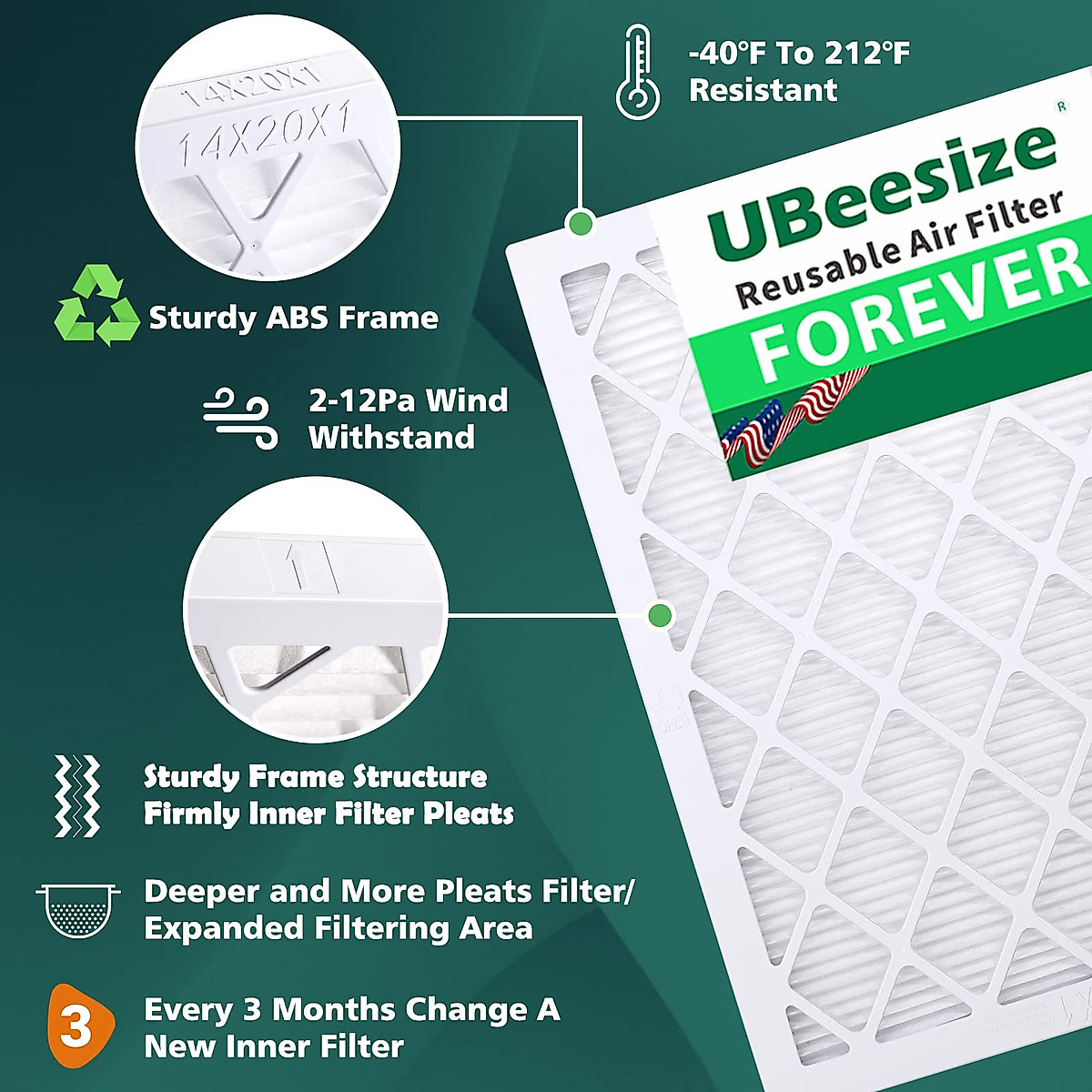 UBeesize Reusable Air Filter 14x20x1(9-Pack), MERV 8 MPR 700 AC/HVAC Furnace Air Filters,Deep Pleated Air Cleaner,1x Reusable Plastic Frame+9 x Filter Replacements,Breathe Fresher Home And Office