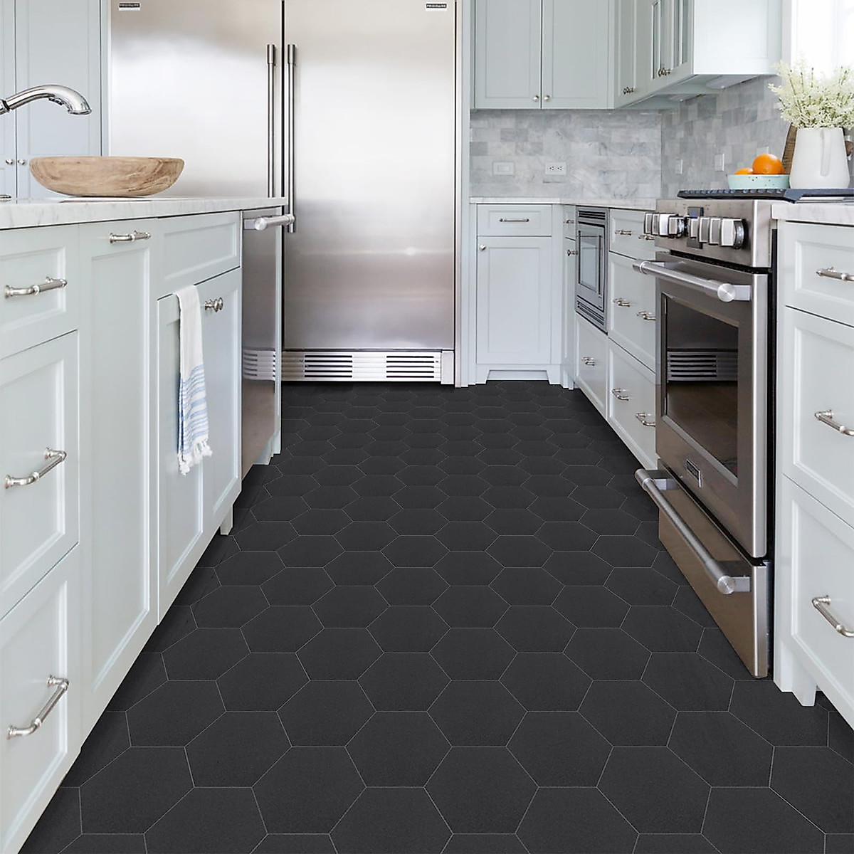 Peel and Stick Floor Tile, 0.027 Inch Thick, Vinyl Flooring, Hexagon Tiles, Easy Cut and Install, Thin and Durable, Waterproof Floor Tile DIY for Bathroom, Solid Black (Covered 3.7 Sq.Ft /10 Pcs)