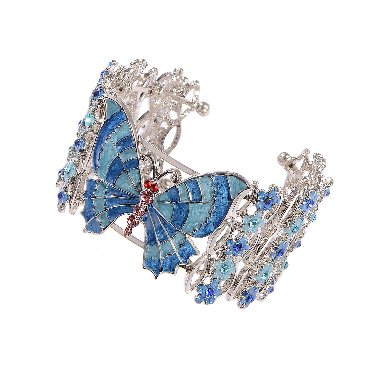 Alilang Silver Tone Blue Enamel Floral Crystal Rhinestone Flower Butterfly Cuff Bangle Bracelet