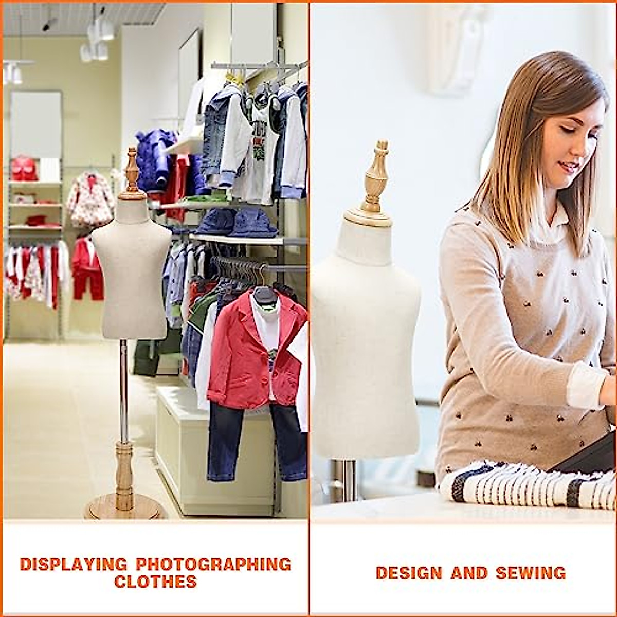 TaroKitc Child Mannequin Torso Kid Dress Form Adjustable Height Mannequin with Wooden Base for Sewing Dressmakers Photographing Dress Jewelry Display (Beige, 4-5 Years Old)