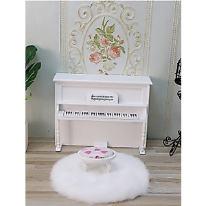 Dollhouse Grand Piano Model with Stool 1:12 Scale Miniature Musical Instrument Desk Ornaments Gift Wooden Elegant Mini House Decoration Artificial House Furniture Accessories (White)