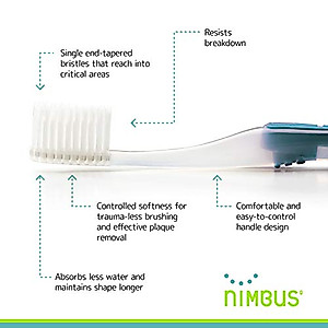 Nimbus Extra Soft Toothbrushes (Compact Size Head) Periodontist Design Tapered Bristles for Sensitive Teeth and Receding Gums, Individually Wrapped Plaque Remover Toothbrush (5 Pack, Colors May Vary)