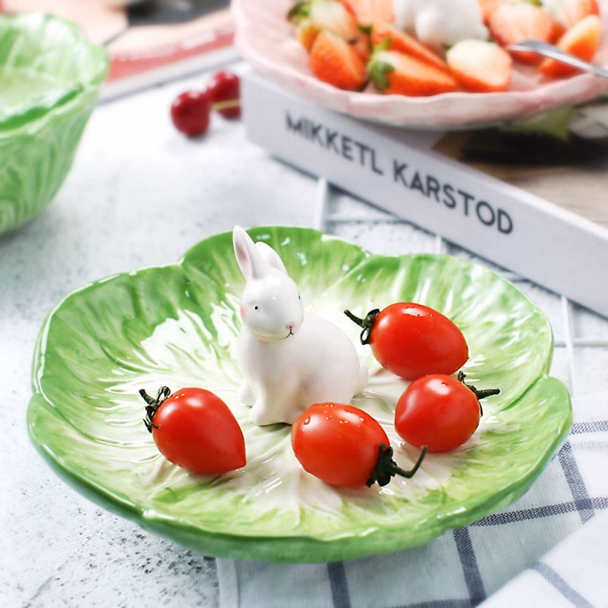 Housoutil Cabbage for Shaped Easter Porcelain Multipurpose Dessert Snack Mixing Design Snacks Tray Serving Bowl Party Display Chinese Salad Kids Green Dinner Plate Seasoning Round Fruit