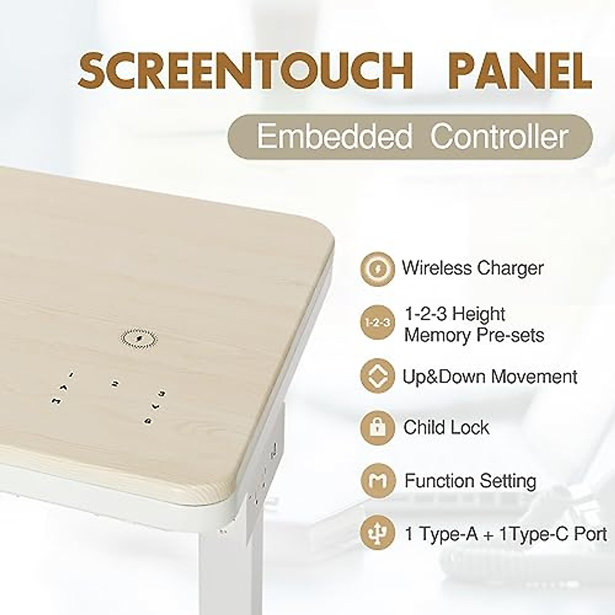 ERGOMORE Standing Desk with Drawer, 45 x 23 Inches Touch Control Adjustable Height Desk with Power Outlet, USB Ports & Wireless Charging, Dual Motor Sit Stand up Desk for Home & Office (Maple)