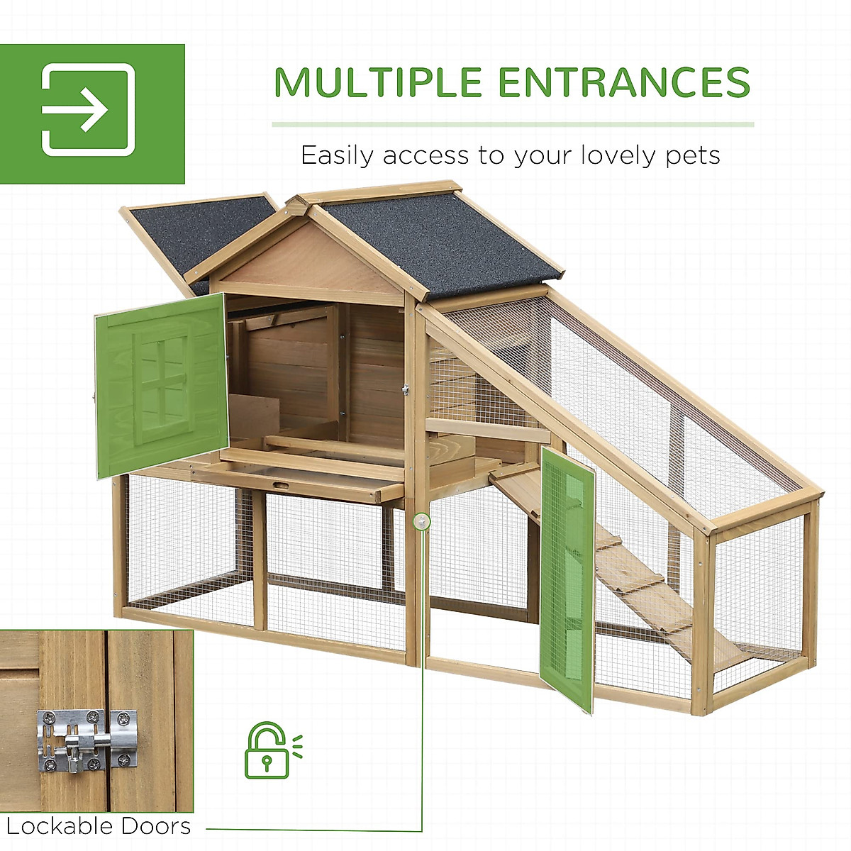 PawHut 69" Wooden Chicken Coop, Poultry Cage Hen House with Connecting Ramp, Removable Tray, Ventilated Window and Nesting Box, Natural