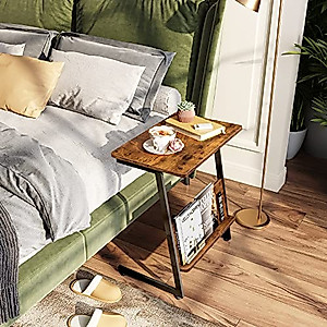 WLIVE Snack Side Table, C Shaped End Table with Magazine Rack for Sofa Couch and Bed, TV Tray Table with Metal Frame, Industrial, for Living Room, Bedroom, Easy Assembly,Rustic Brown and Black