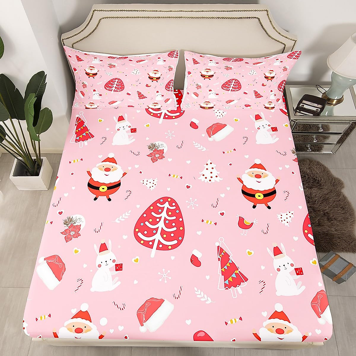 Feelyou Santa Claus Sheet Set Cute Rabbit Kawaii Pink Bed Set for Kids Boys Girls Decor Merry Christmas Bed Sheets Girly Pink Sheets Bedroom Collection 3Pcs Twin Size