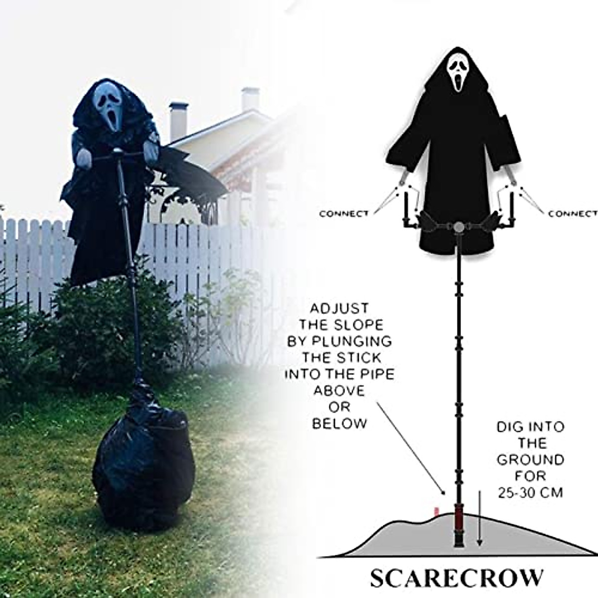 Halloween Ghostface Scream Scarecrow, Screaming Ghost Hanging Ghostface Scarecrow Detachable Pole Garden Ghostface Decoration for Outdoor Festive Atmospheres Horror Props