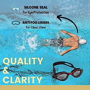 Splaqua Swim Goggles for Men and Women - Adjustable Straps, Silicone Eye Seal, UV Protection and Anti Fog Lenses Swimming Goggle - Red and Black