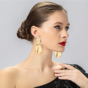 Matte Gold Hammered Long Drop Clip On Earrings Large Unique Statement Clip Earrings for Women