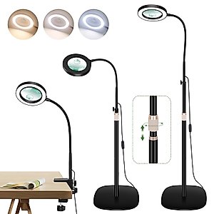 GEYOTAR 10X&5X Magnifying Glass with Light, 3-in-1 Magnifying Floor Lamp, Flexible Goose Neck, 3 Color Modes 10 Levels Dimmable LED Lighted Magnifier Lamp for Home Office Close Wrok Reading Hands Free