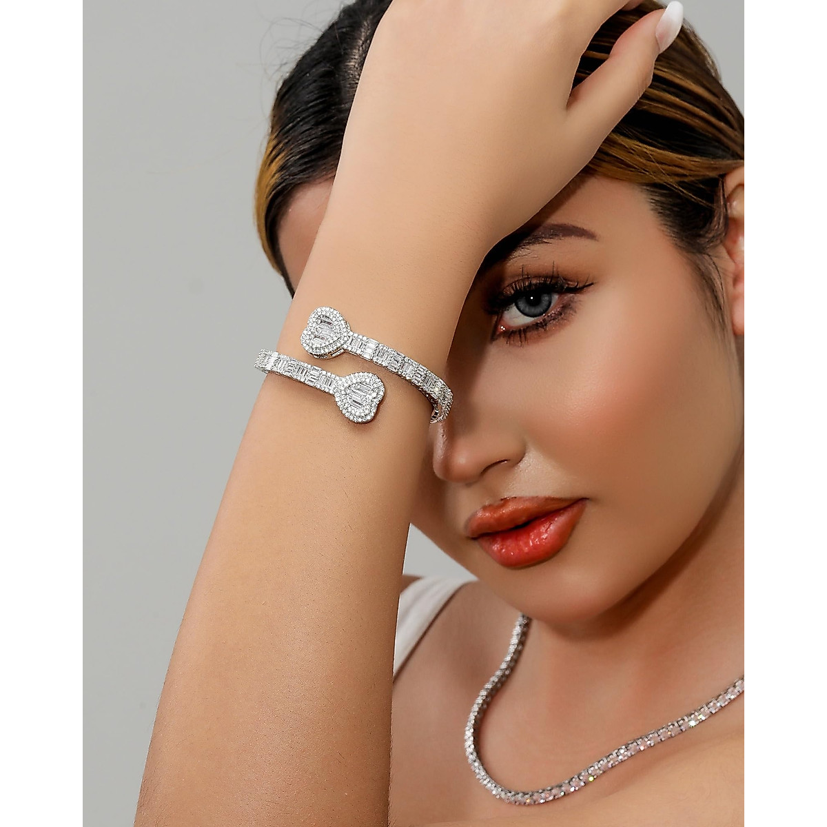 Lulu Mel Iced Out Baguette Diamond Bracelet Jewelry for Women, Hip Hop Mens 14k Gold Silver Plated Cubic Zirconia Bangle Bracelet, Men Heart Cuff Bracelet With Jewelry Box (Silver Heart, 8inch)