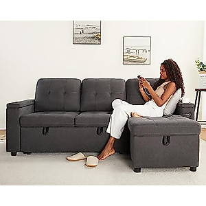 VanAcc Sleeper Sofa, Modern Tufted Convertible Sofa Bed, USB Charging Ports & Cup Holders, L Shaped Sofa Couch with Storage Chaise, Chenille Couches for Living Room (Dark Grey)